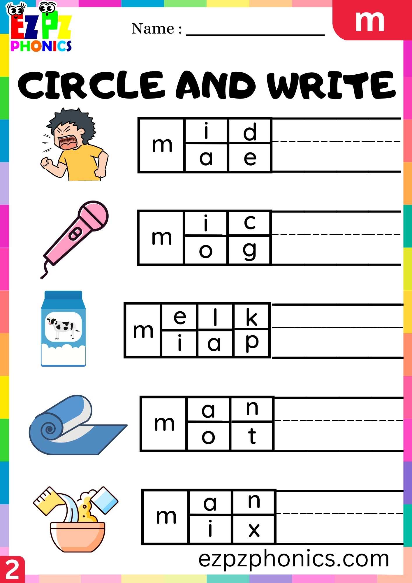 Group2 Letter M Circle And Write Beginning Sounds Worksheet - ezpzphonics.com